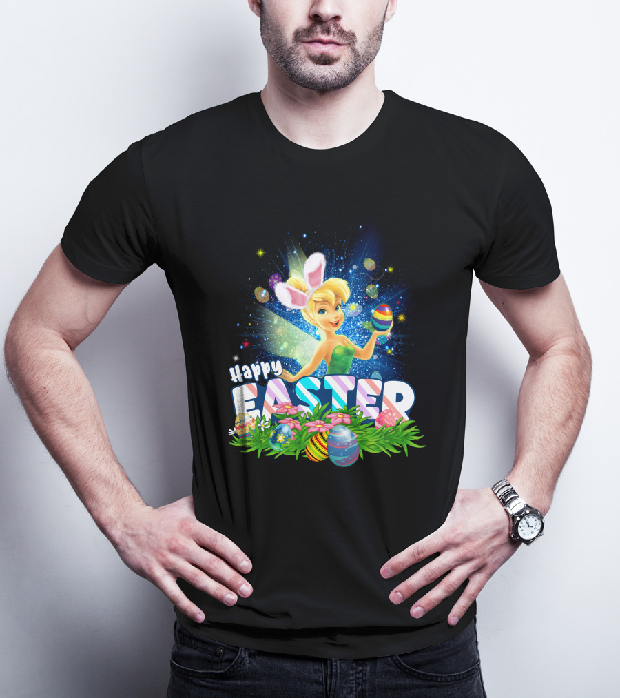 Happy Easter Tinkerbell With Bunny Ears And Colorful Eggs T-Shirt