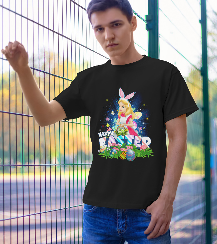 Alice Happy Easter Bunny Ears With Colorful Eggs And Flowers T-Shirt