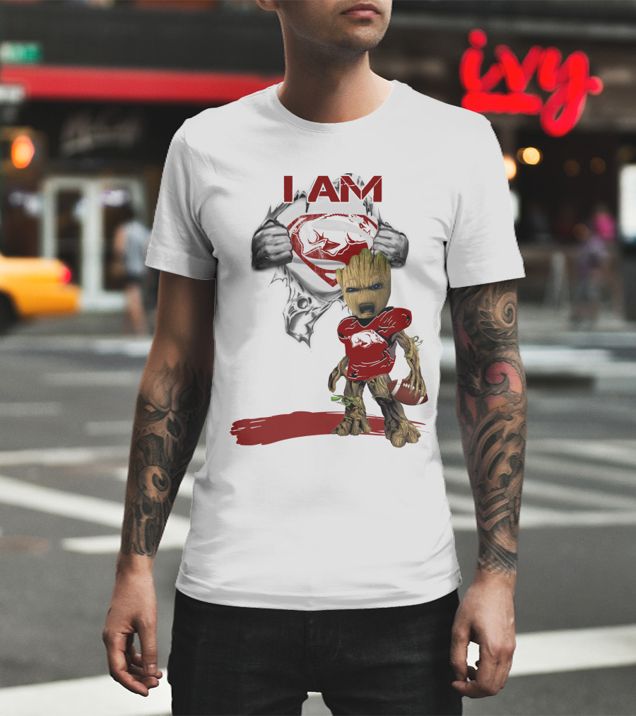 I AM Arkansas Razorbacks Baby Groot Superman T-Shirt