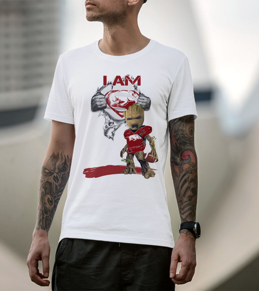 I AM Arkansas Razorbacks Baby Groot Superman T-Shirt