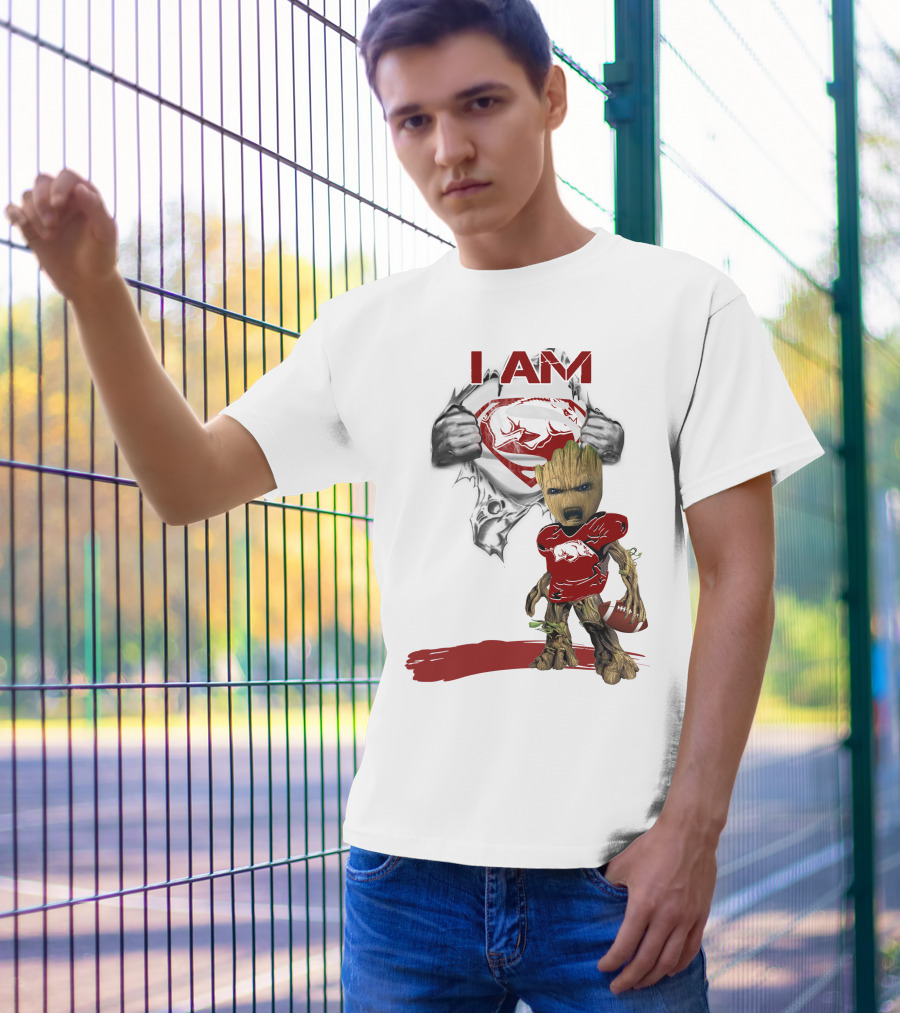 I AM Arkansas Razorbacks Baby Groot Superman T-Shirt
