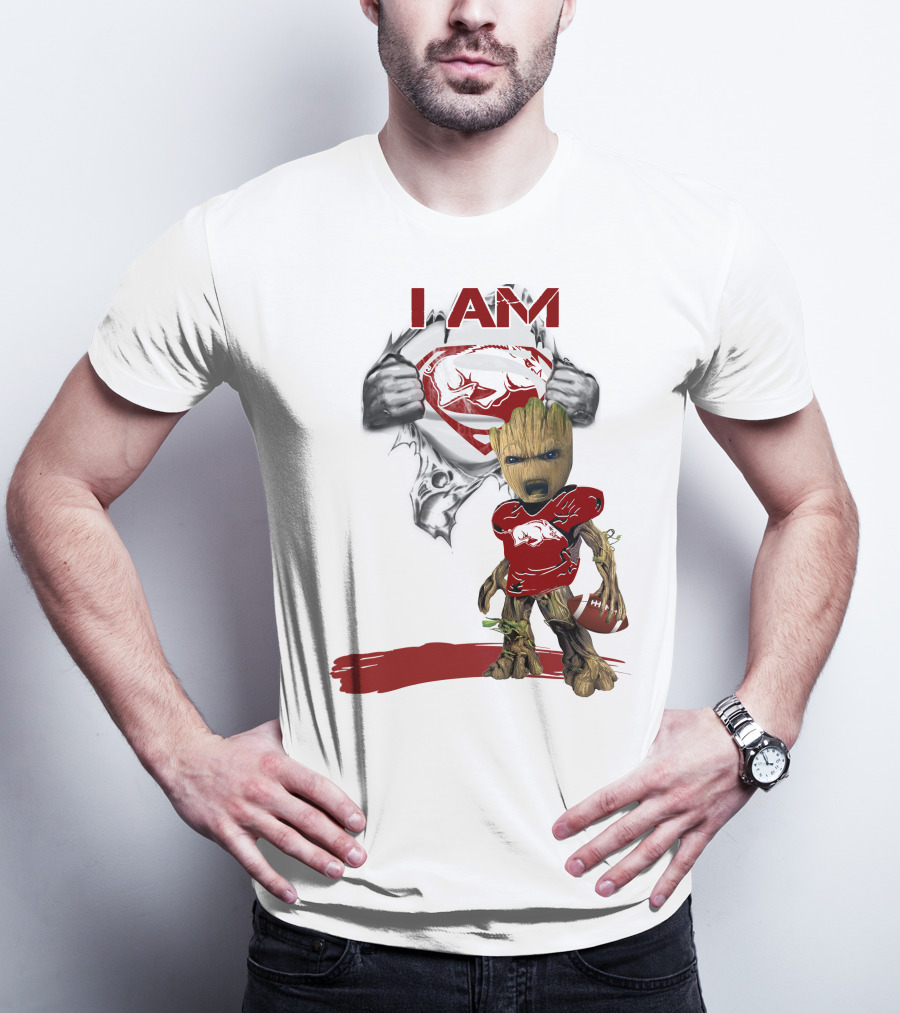 I AM Arkansas Razorbacks Baby Groot Superman T-Shirt
