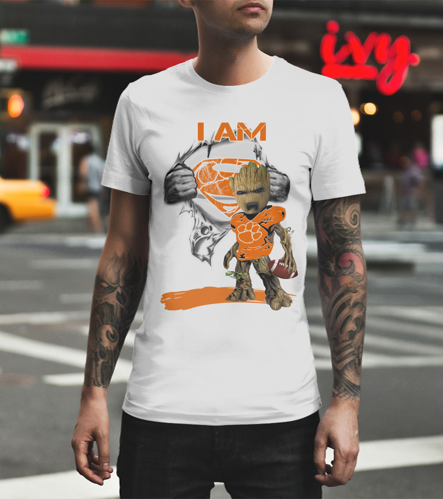 I Am Clemson Baby Groot Superman Football T-Shirt