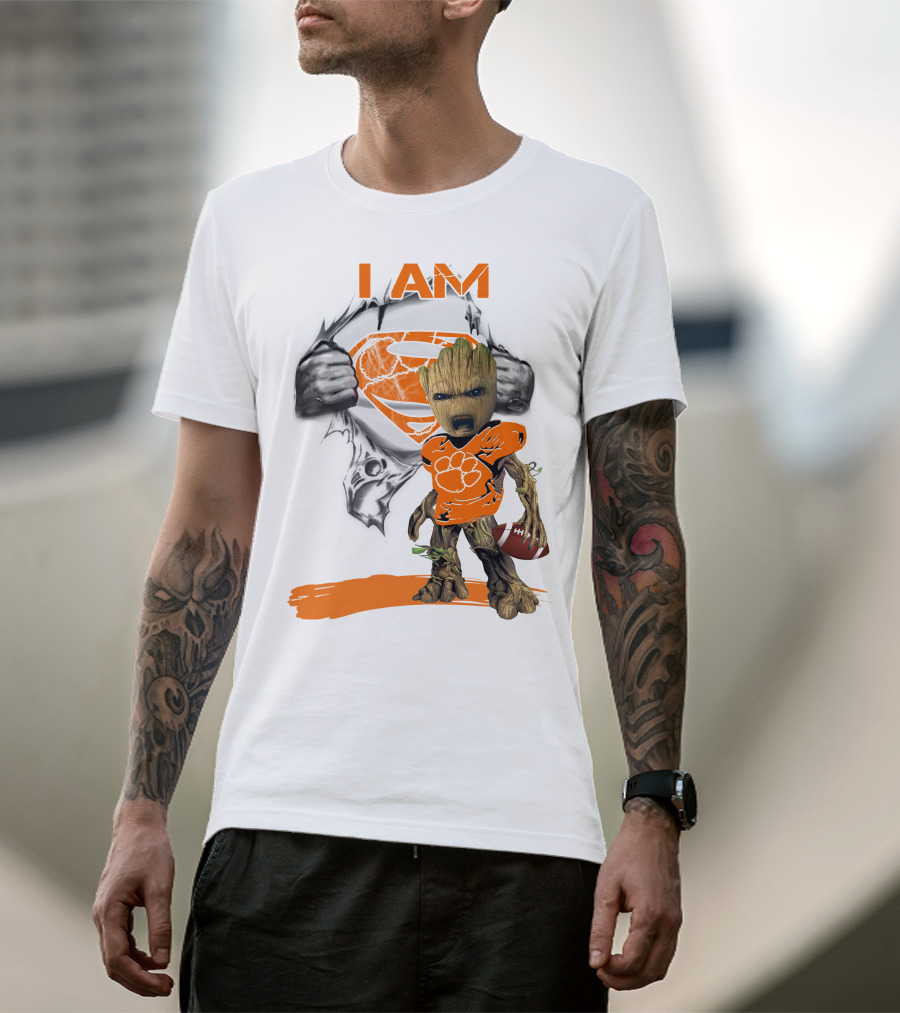I Am Clemson Baby Groot Superman Football T-Shirt