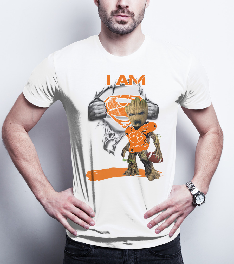 I Am Clemson Baby Groot Superman Football T-Shirt