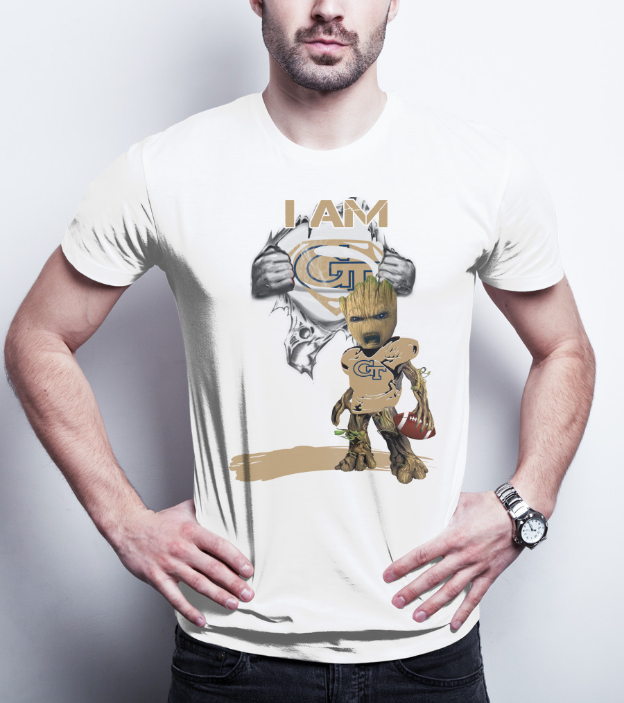 I AM Georgia Tech Baby Groot Superman Football T-Shirt