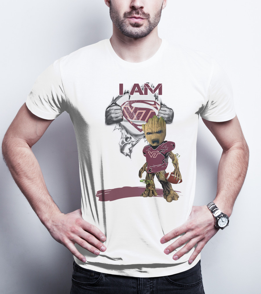I AM Hokies VT Baby Groot Superman Football T-Shirt