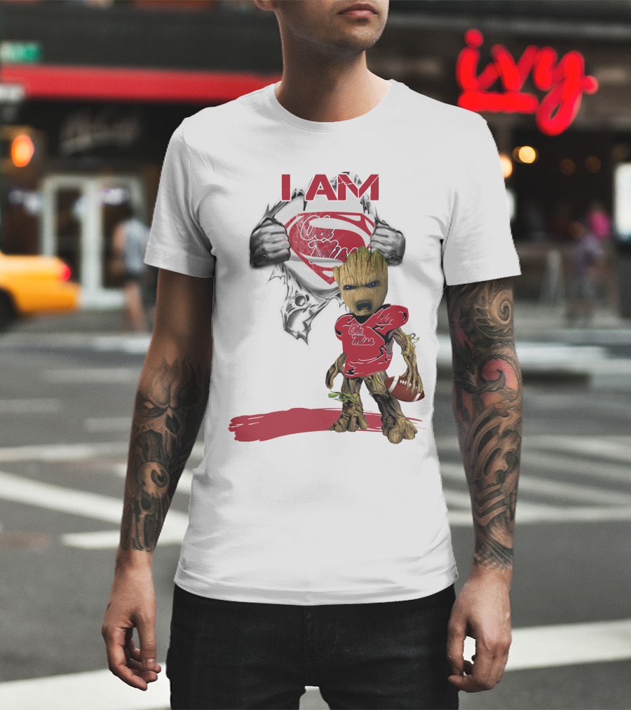 I Am Ole Miss Baby Groot Superman Football Player T-Shirt