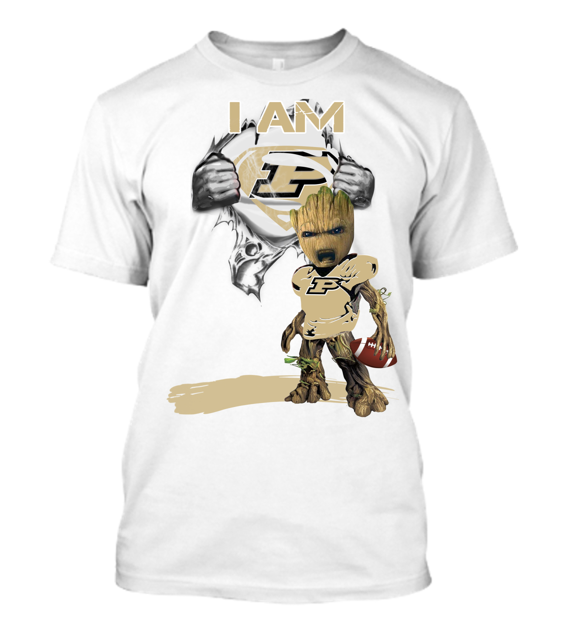 I AM Purdue Baby Groot With Football Superman T-Shirt