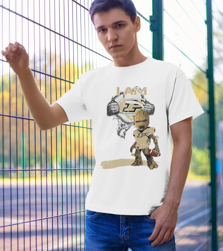 I AM Purdue Baby Groot With Football Superman T-Shirt