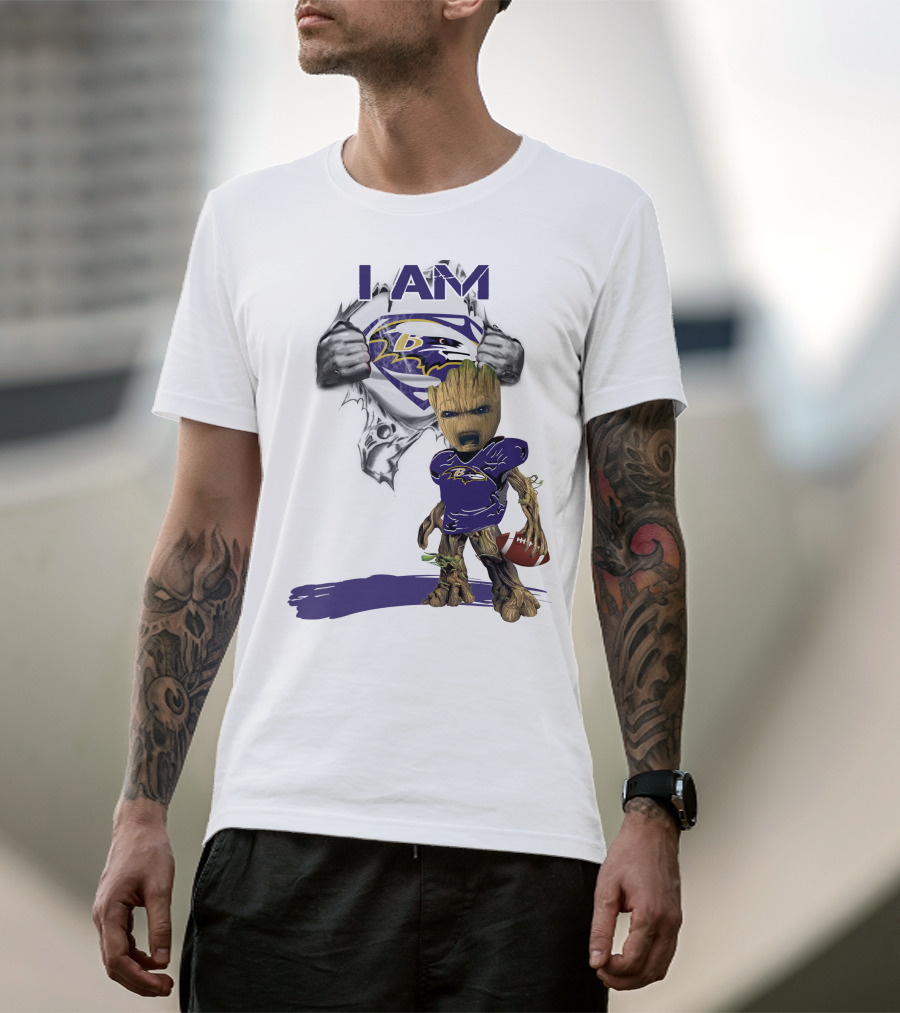 I Am Ravens Baby Groot Superman Football Ravens T-Shirt