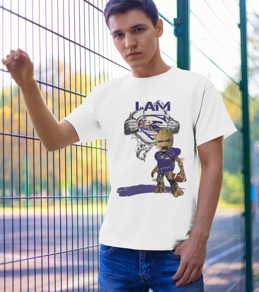 I Am Ravens Baby Groot Superman Football Ravens T-Shirt