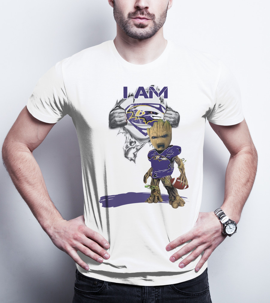 I Am Ravens Baby Groot Superman Football Ravens T-Shirt