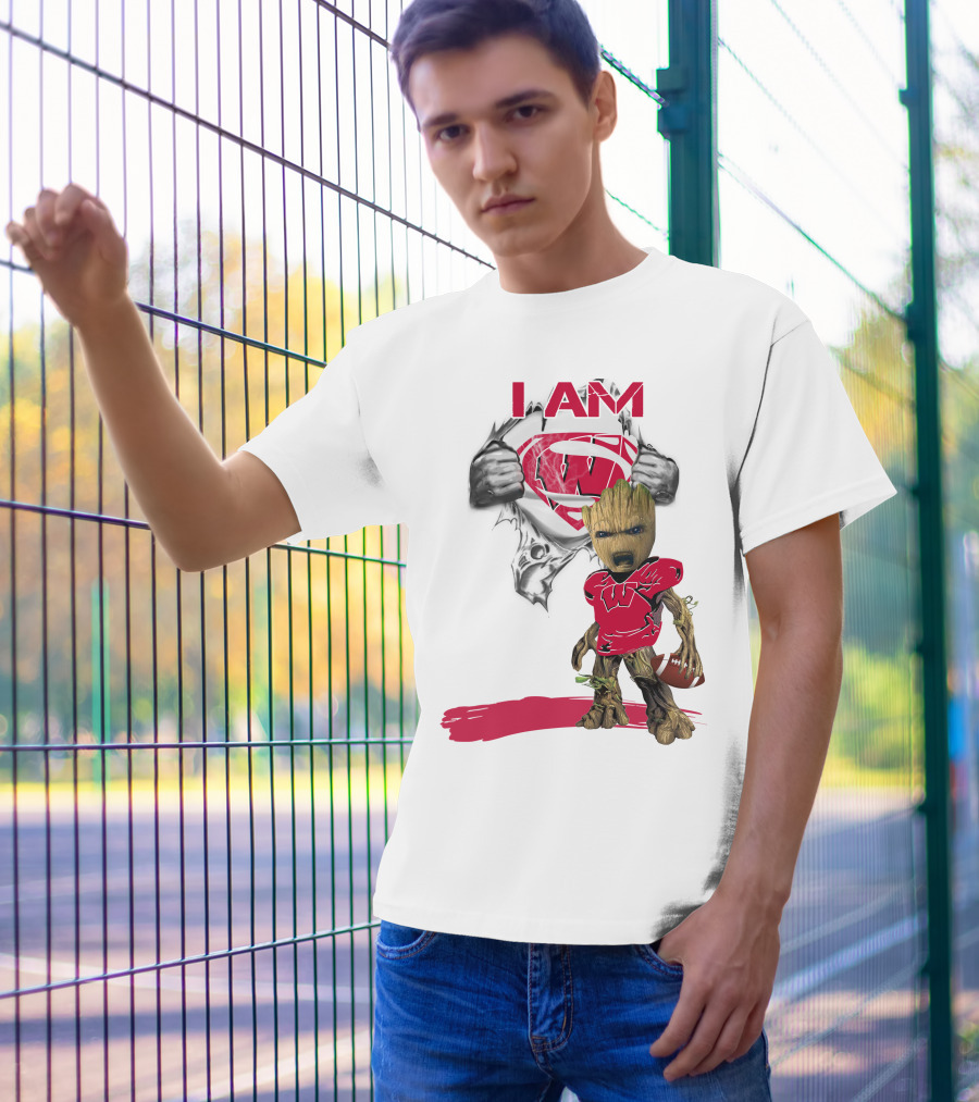 I Am Wisconsin Baby Groot Superman Football T-Shirt