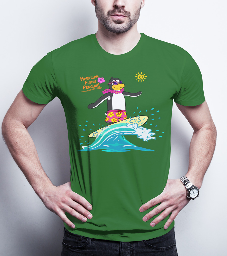 Hawaiian Flynn Penguin Surfing With Floral Lei And Sunglasses T-Shirt