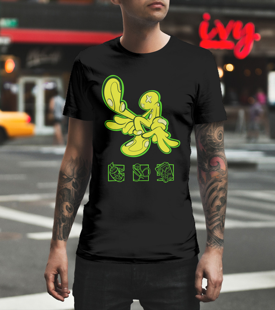 OFFCANNY Neon Cartoon Figure With Iconic Symbols T-Shirt