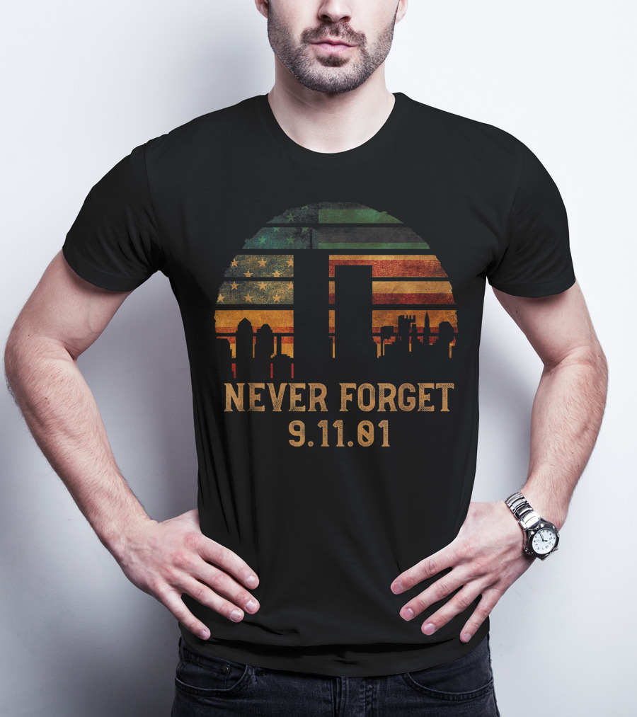 Never Forget 9.11.01 Skyline American Flag T-Shirt