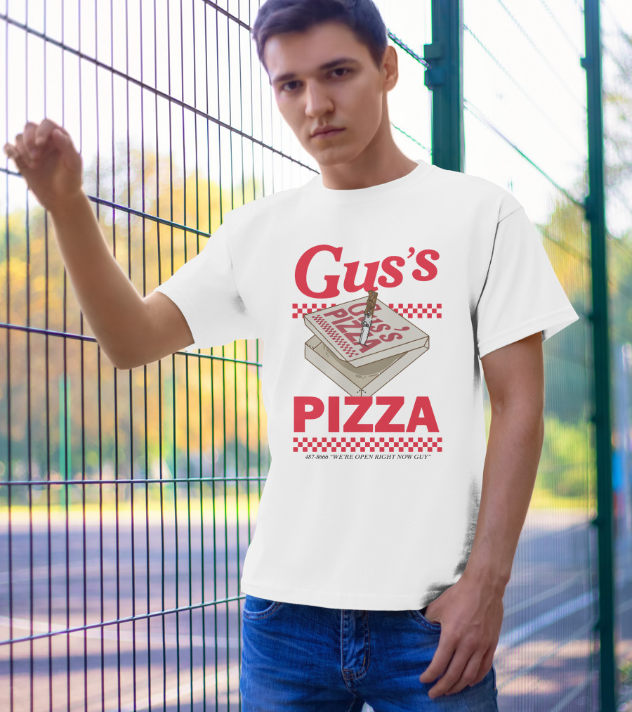 Gus's Pizza Box Knife 487-8666 We're Open Right Now Guy T-Shirt