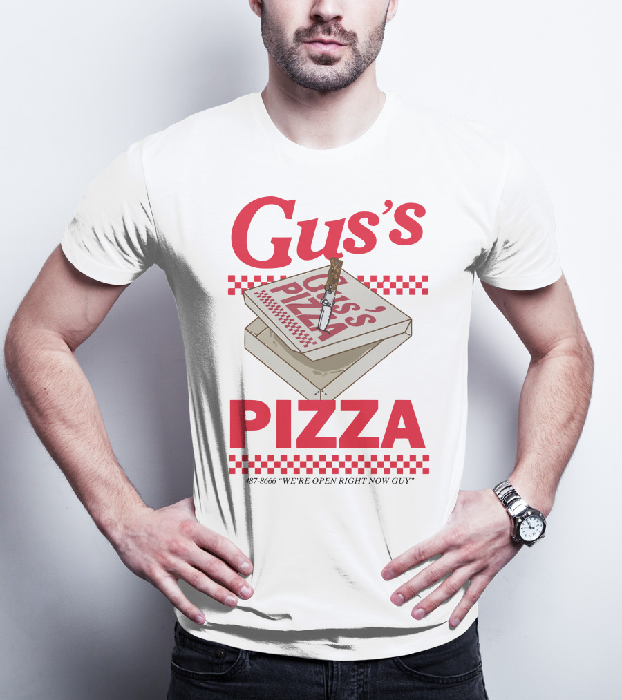 Gus's Pizza Box Knife 487-8666 We're Open Right Now Guy T-Shirt