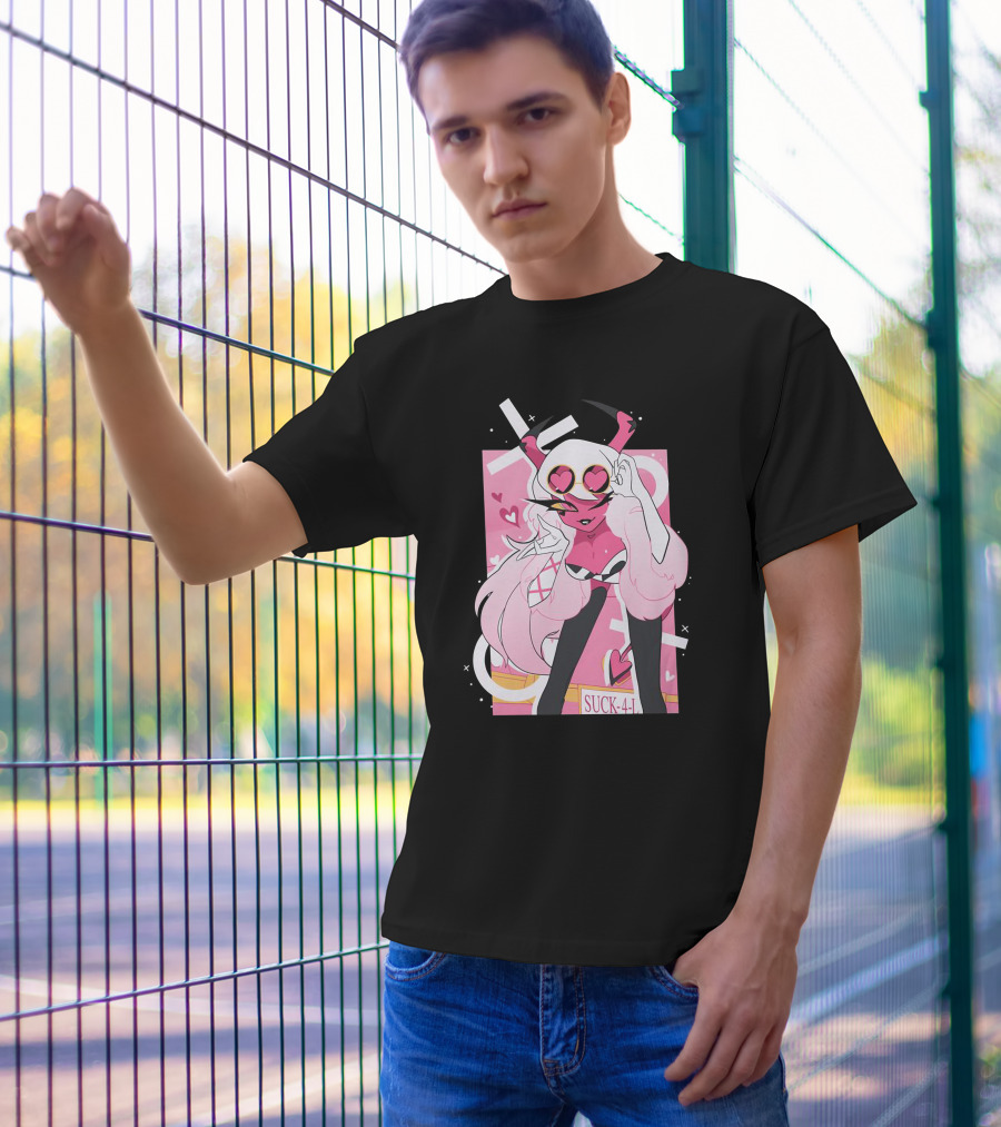 Helluva Boss Mrs Mayberry Suck-4-L<3 Hearts Pink And White Demon Character T-Shirt