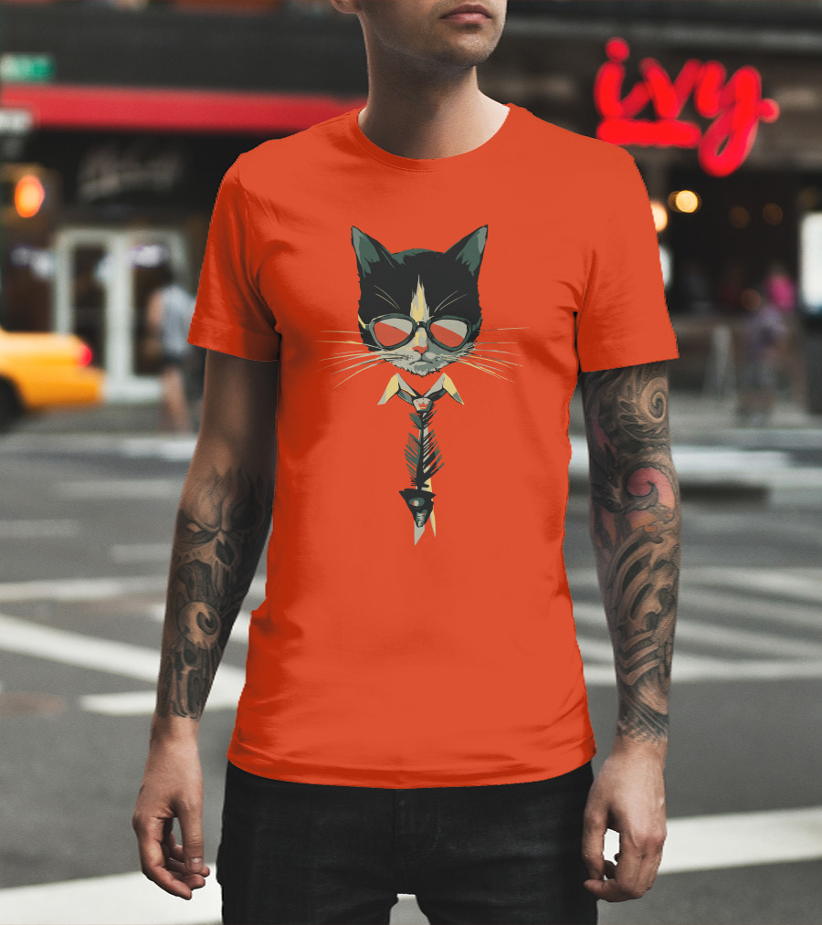 Bibisama CAT With Sunglasses And Fish Skeleton Tie T-Shirt