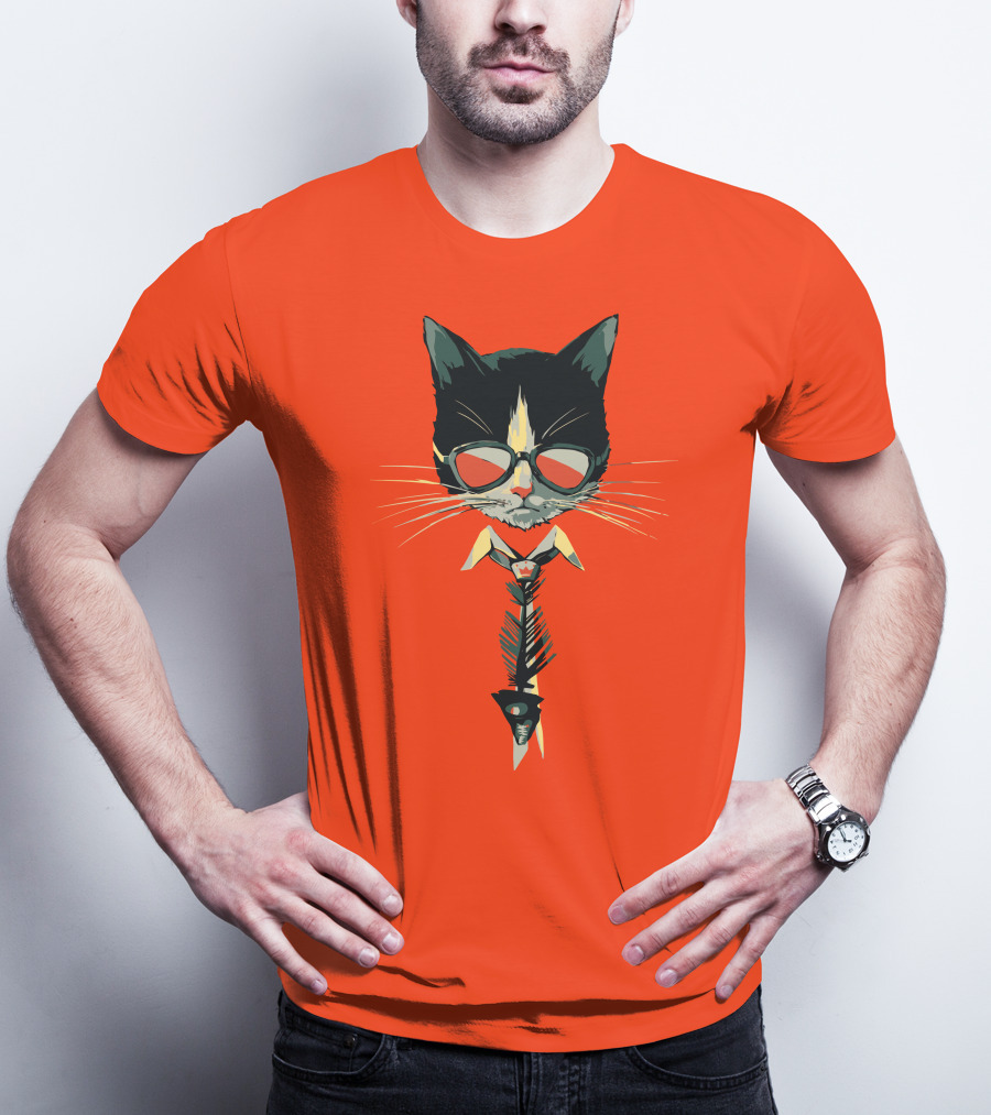 Bibisama CAT With Sunglasses And Fish Skeleton Tie T-Shirt