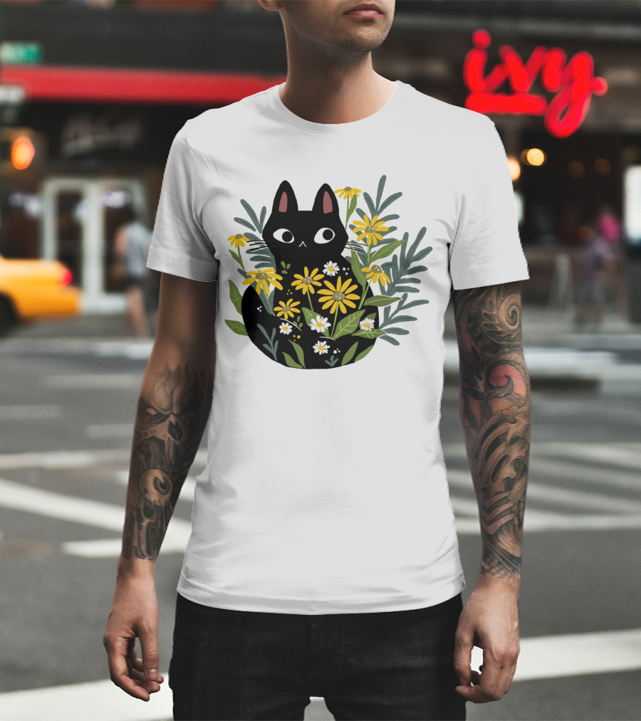 Black Cat With Flowers Essential Cute Funny Cat Illustration Floral T-Shirt