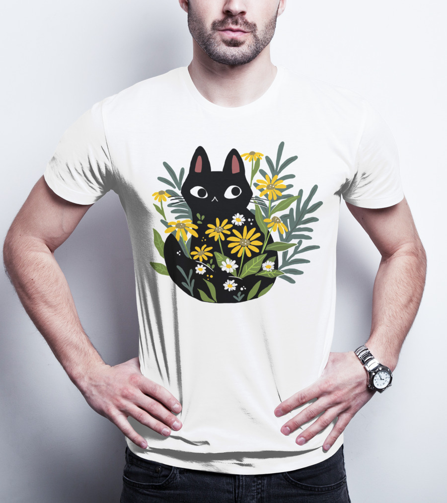 Black Cat With Flowers Essential Cute Funny Cat Illustration Floral T-Shirt