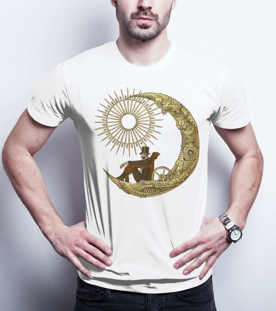 Victorian Gentleman On Ornate Crescent Moon With Sunburst - Moon Travel T-Shirt