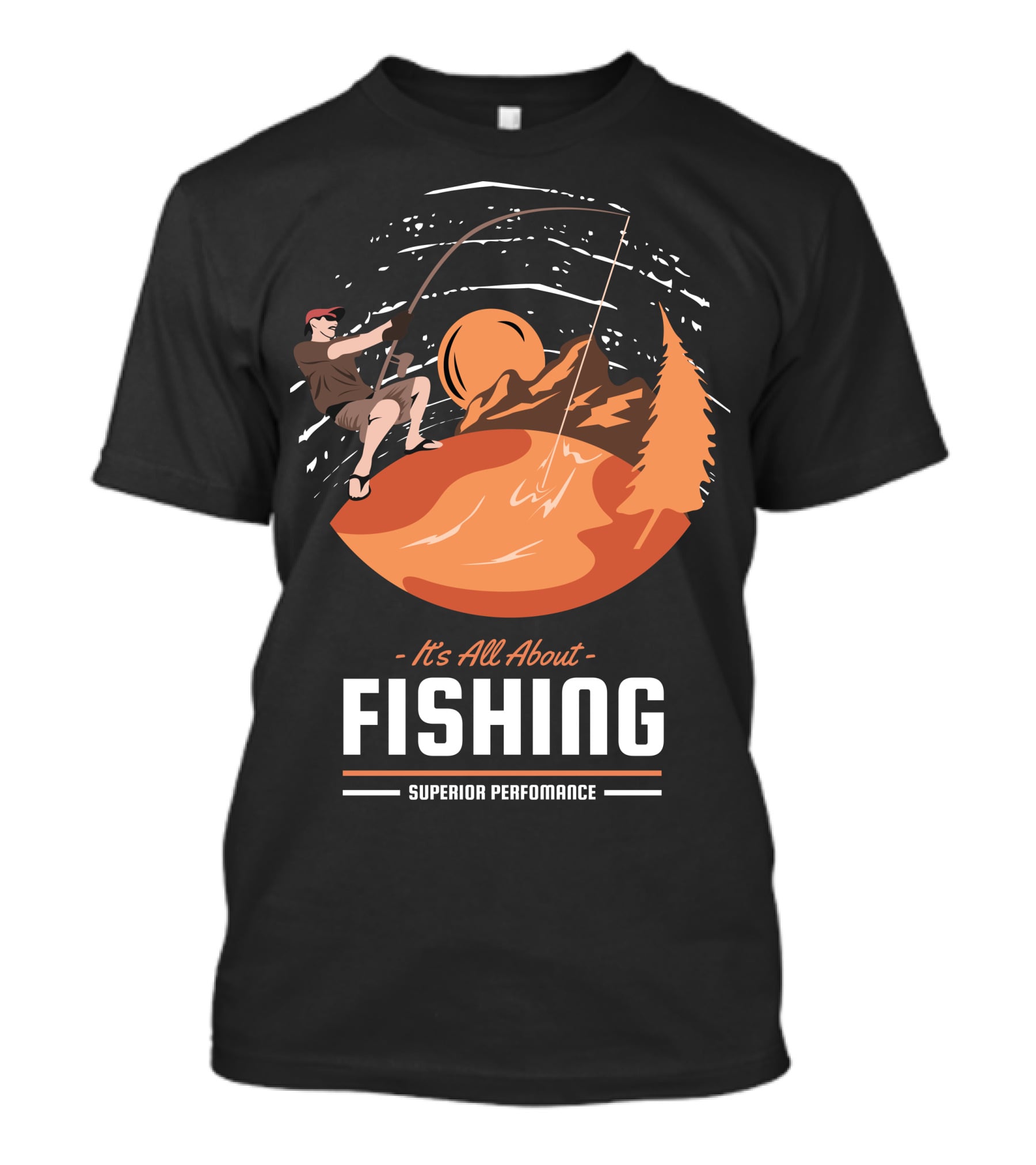 All About Fishing Superior Performance With Mountain And Sunset Scene T-Shirt