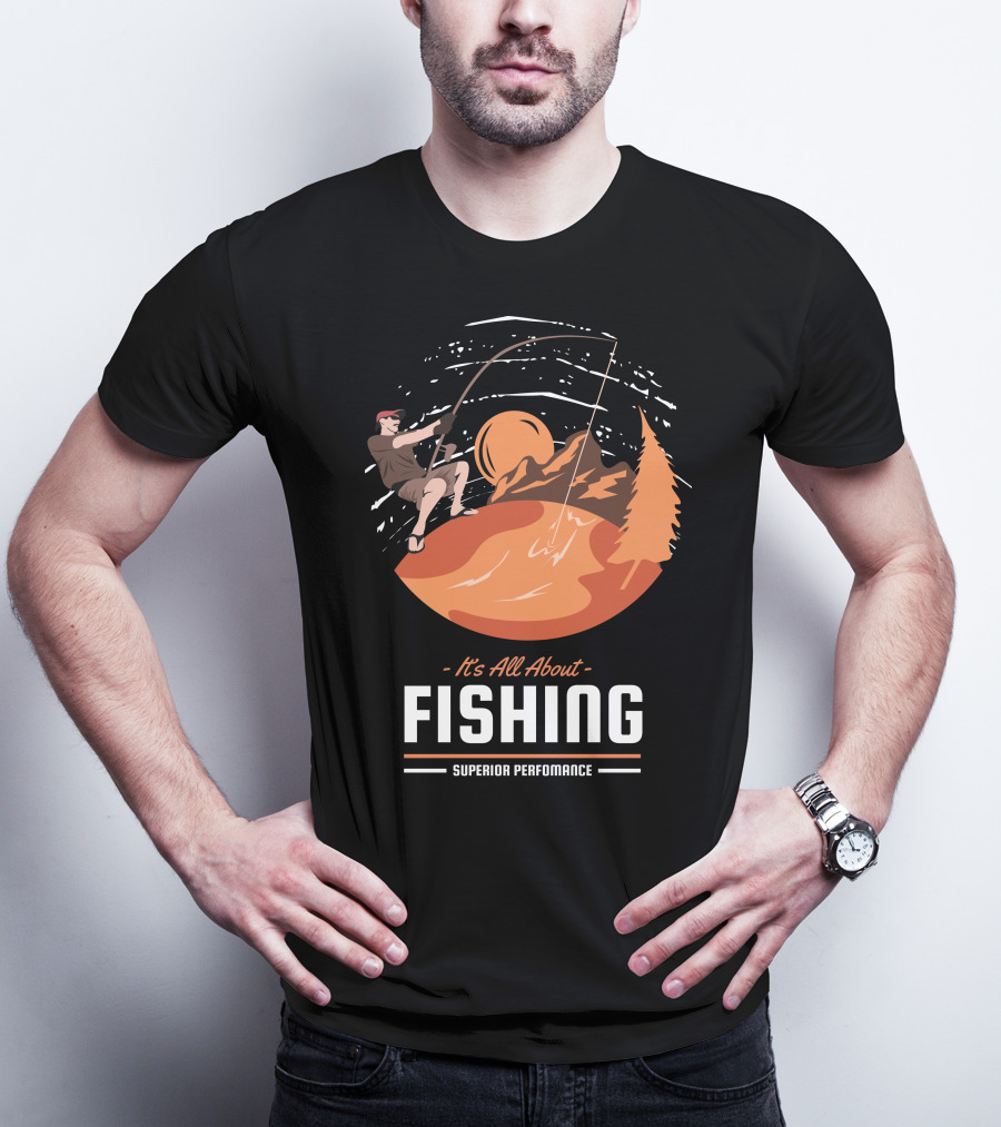 All About Fishing Superior Performance With Mountain And Sunset Scene T-Shirt