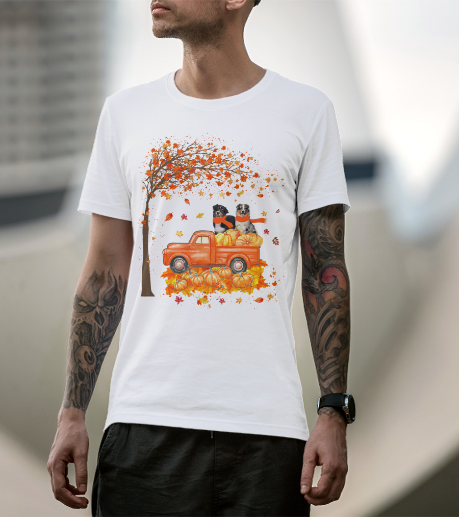 Australian Shepherds With Pumpkins On Orange Truck In Autumn Scene T-Shirt