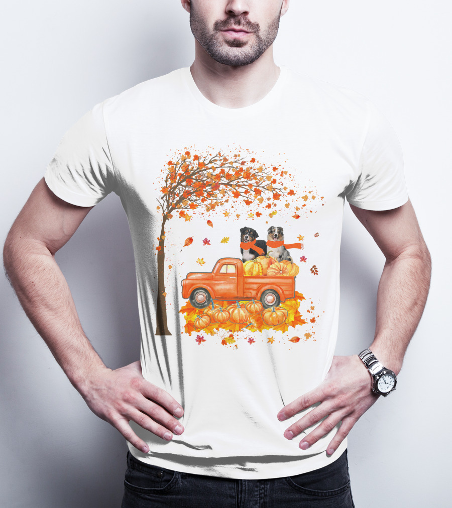 Australian Shepherds With Pumpkins On Orange Truck In Autumn Scene T-Shirt
