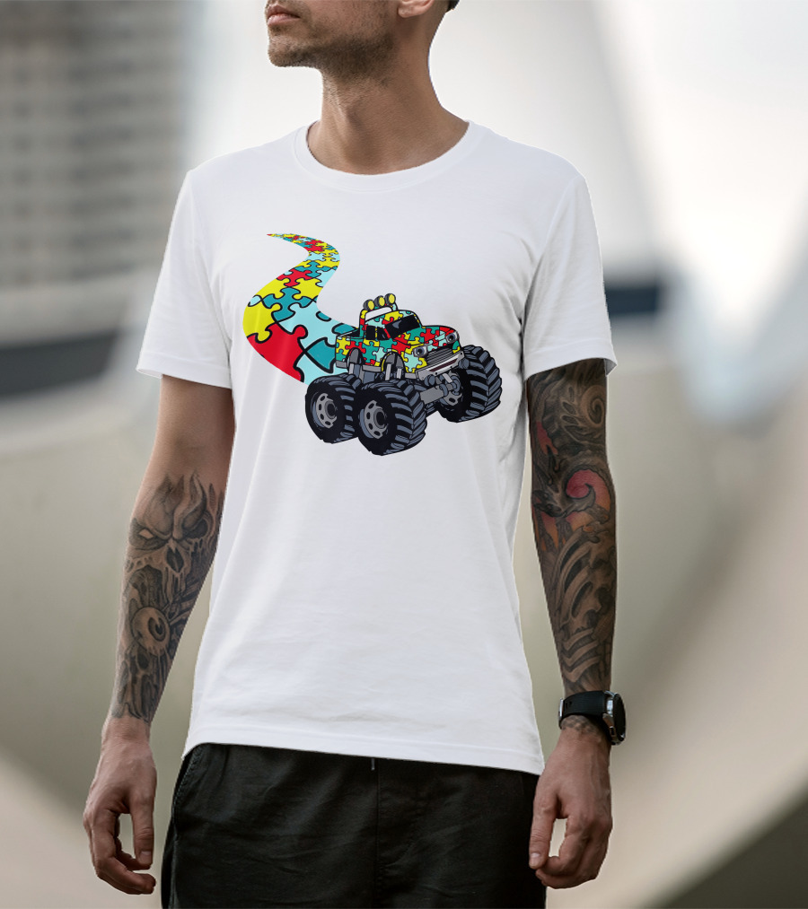Autism Awareness Puzzle Piece Monster Truck For Boys T-Shirt