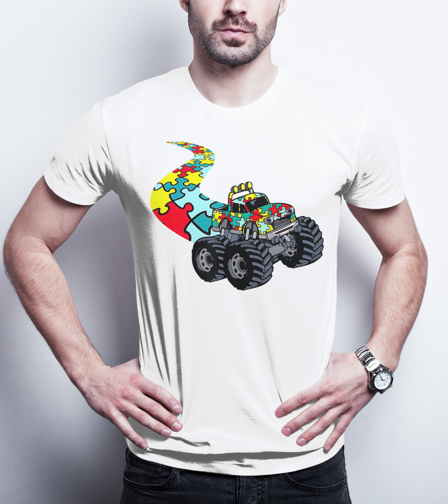 Autism Awareness Puzzle Piece Monster Truck For Boys T-Shirt