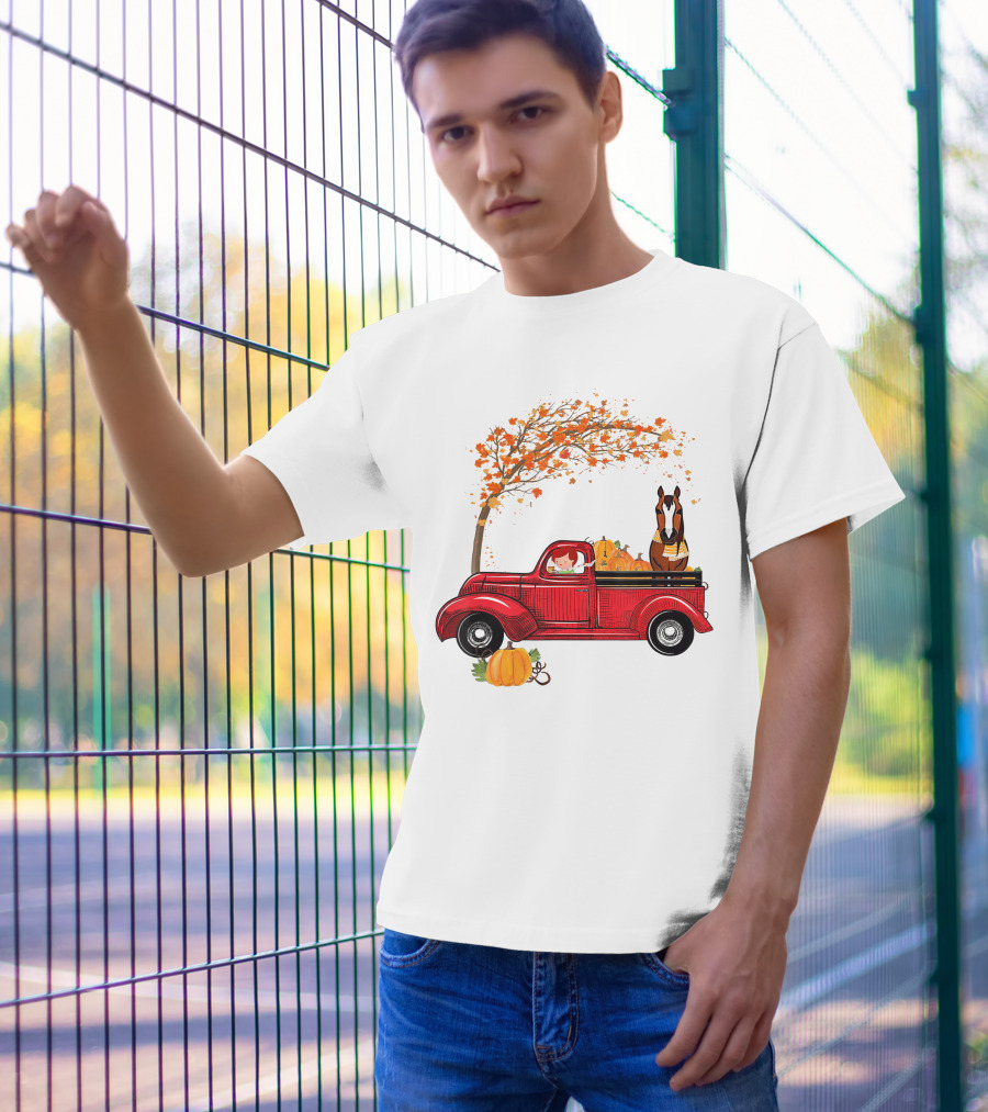 Autumn Fall Season Red Truck Horse Pumpkins Thanksgiving Day T-Shirt