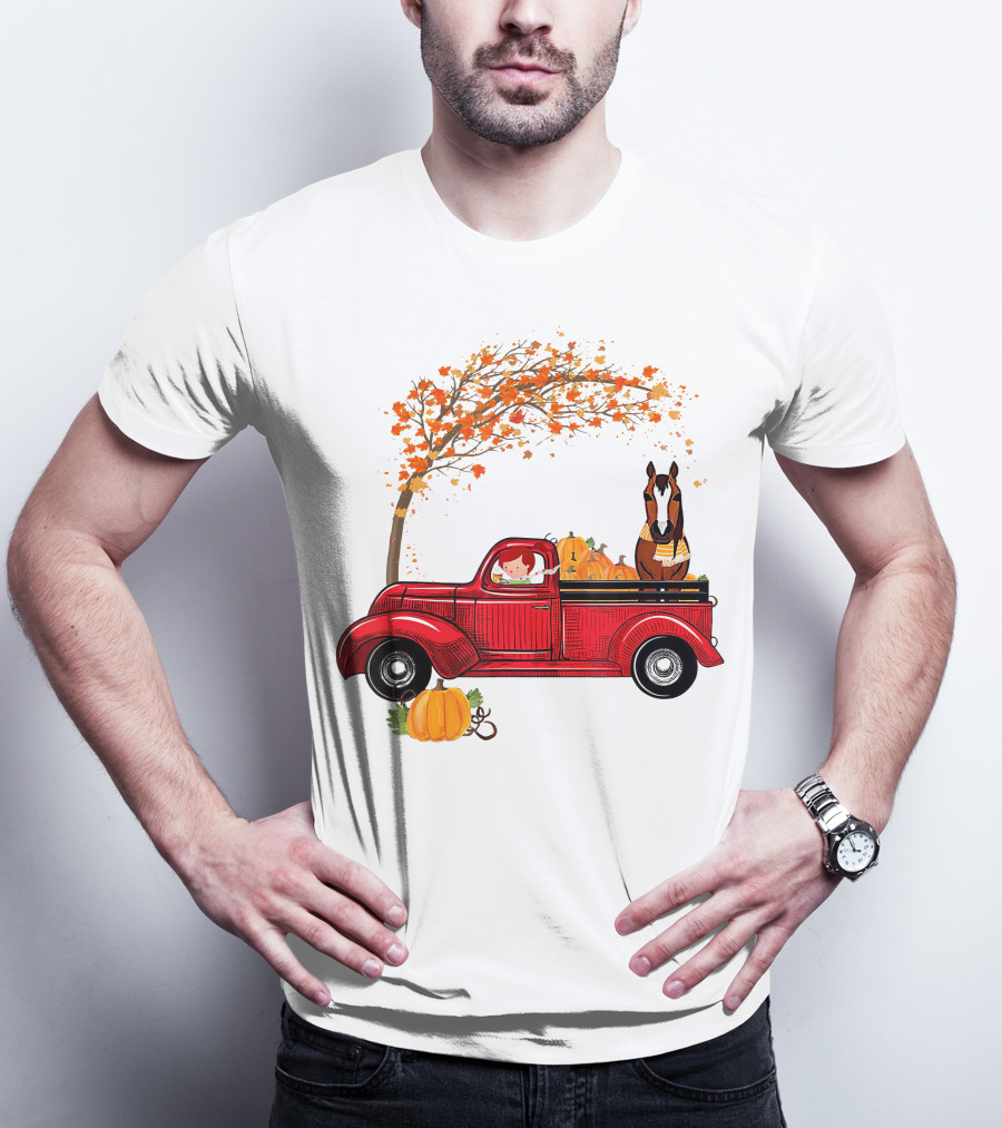 Autumn Fall Season Red Truck Horse Pumpkins Thanksgiving Day T-Shirt