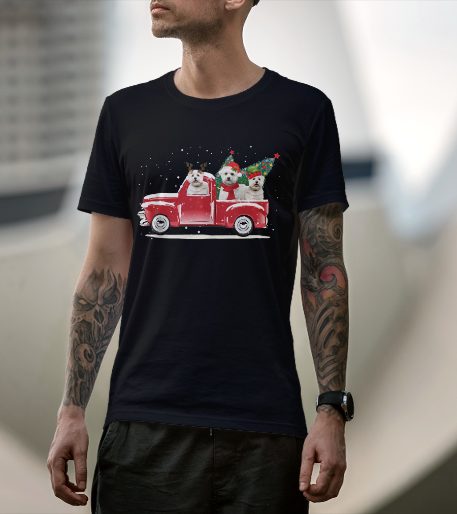 Bichon Frise Reindeer And Santa Christmas Truck With Trees T-Shirt