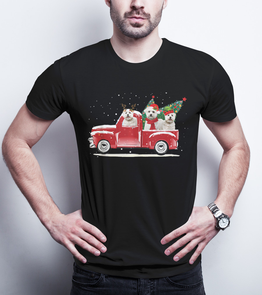 Bichon Frise Reindeer And Santa Christmas Truck With Trees T-Shirt