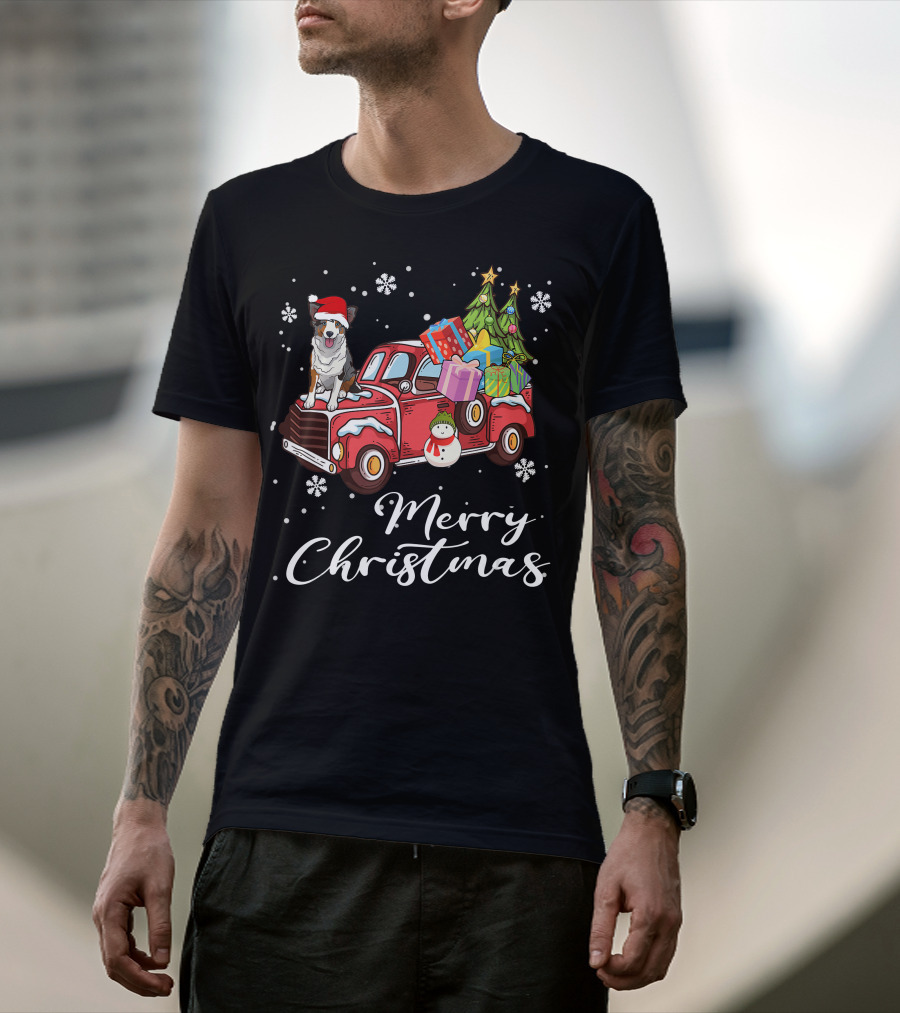 Border Collie On Red Truck With Gifts Snowflakes And Merry Christmas Text T-Shirt