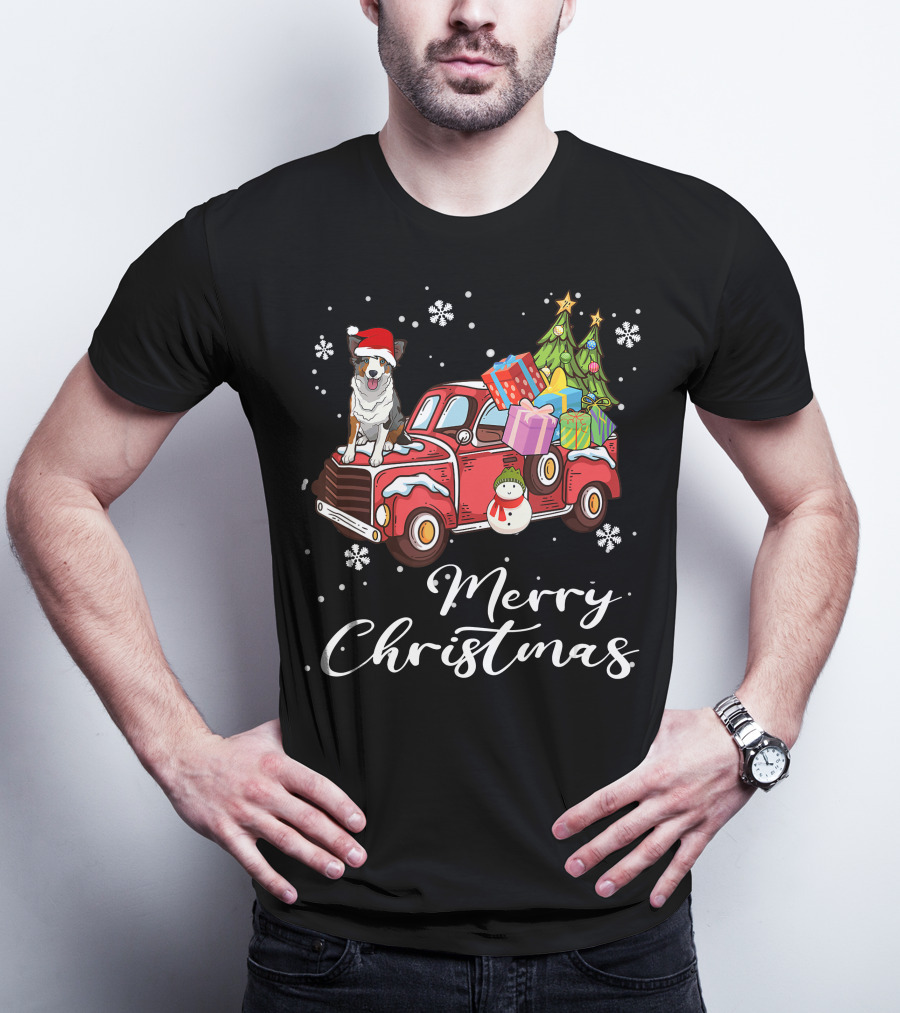 Border Collie On Red Truck With Gifts Snowflakes And Merry Christmas Text T-Shirt