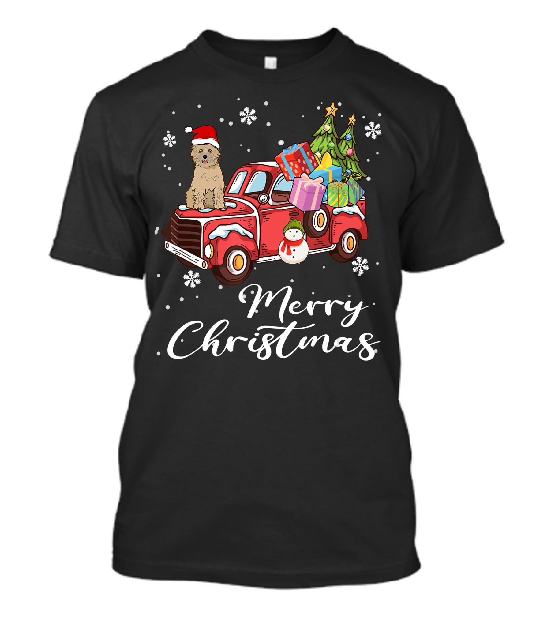 Cairn Terrier Riding Red Truck Merry Christmas Snowflakes Presents Tree Snowman T-Shirt