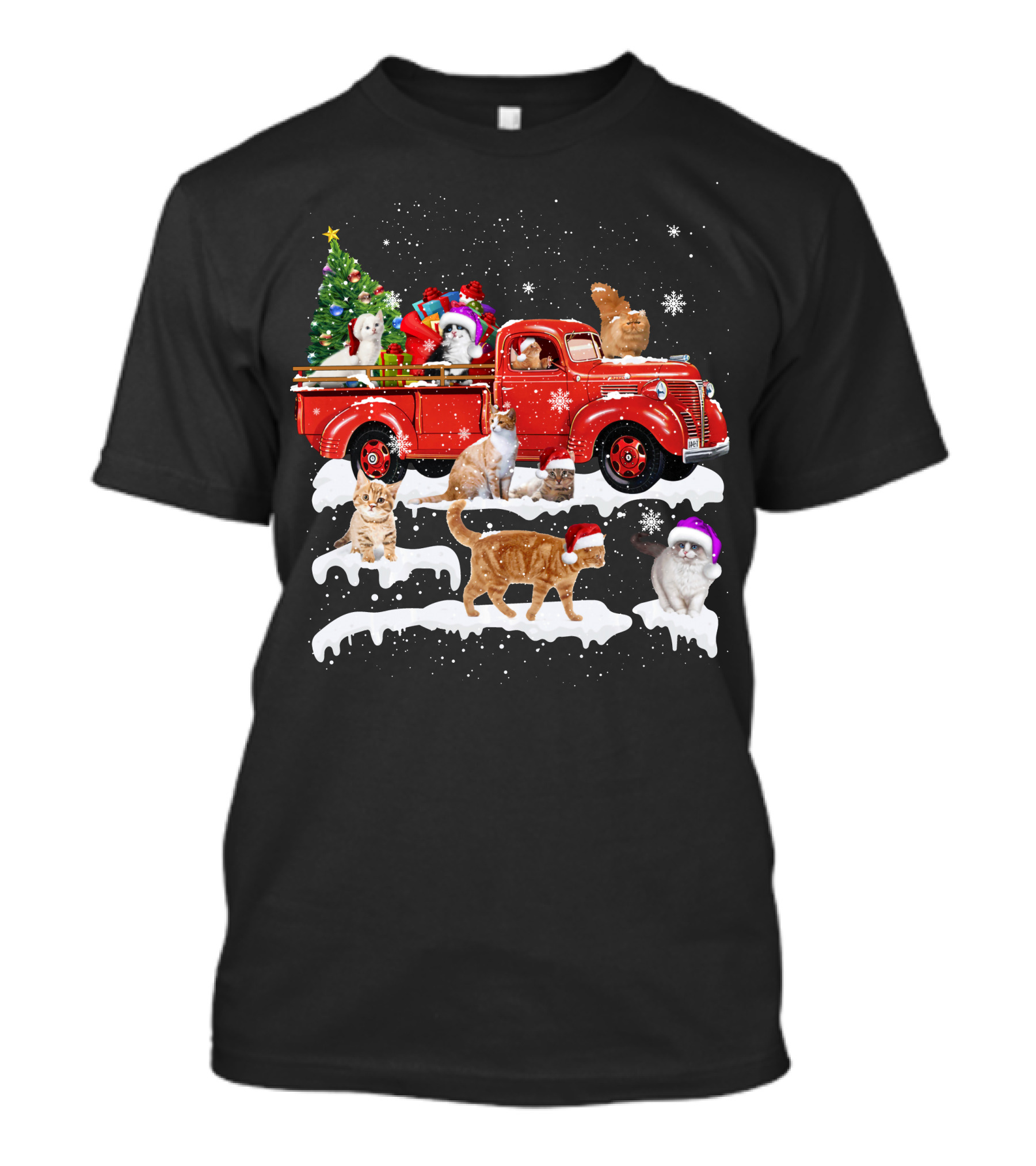 Merry Christmas Cat Riding Red Truck With Kittens And X Mas Tree T-Shirt
