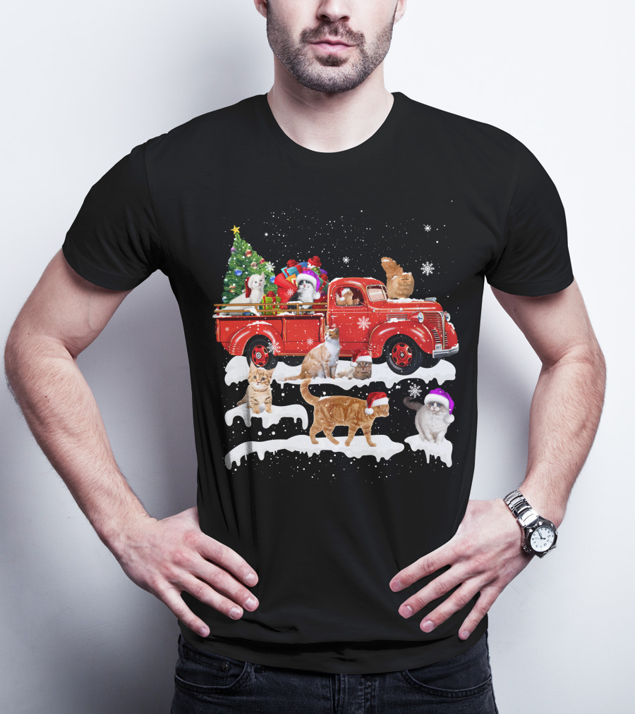 Merry Christmas Cat Riding Red Truck With Kittens And X Mas Tree T-Shirt