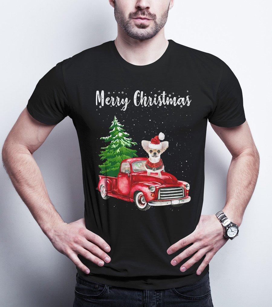 Merry Christmas Chihuahua With Santa Hat Riding Red Truck And Christmas Tree T-Shirt