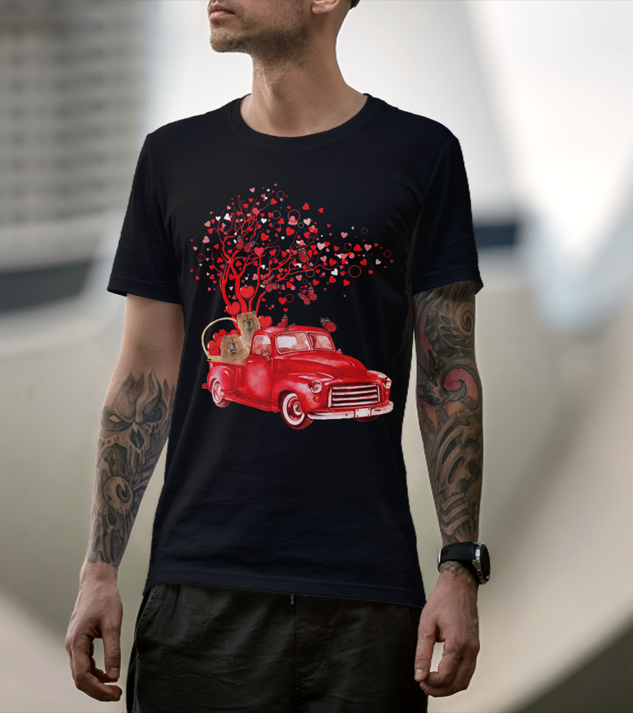 Chow Chow In Red Truck With Butterfly Valentine Heart Tree T-Shirt