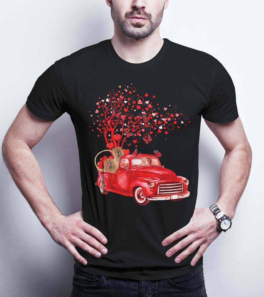 Chow Chow In Red Truck With Butterfly Valentine Heart Tree T-Shirt