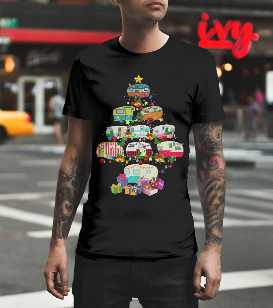 Christmas Camping Lover X Mas Camper Tree With Trucks And Gifts T-Shirt