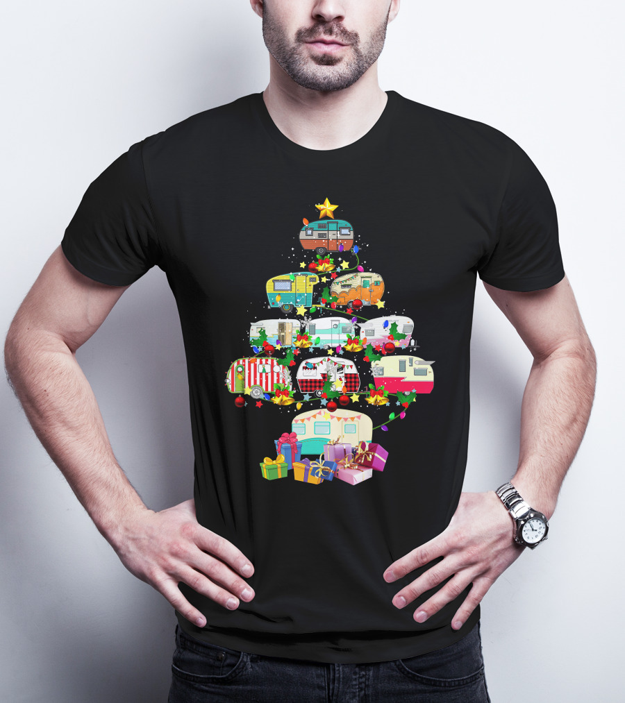 Christmas Camping Lover X Mas Camper Tree With Trucks And Gifts T-Shirt