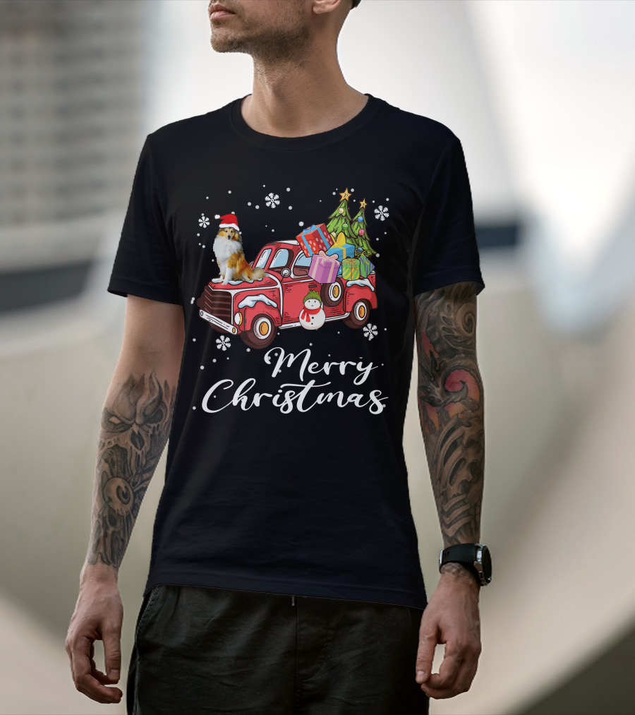 Merry Christmas Collie On Red Truck With Gifts And Snowman T-Shirt